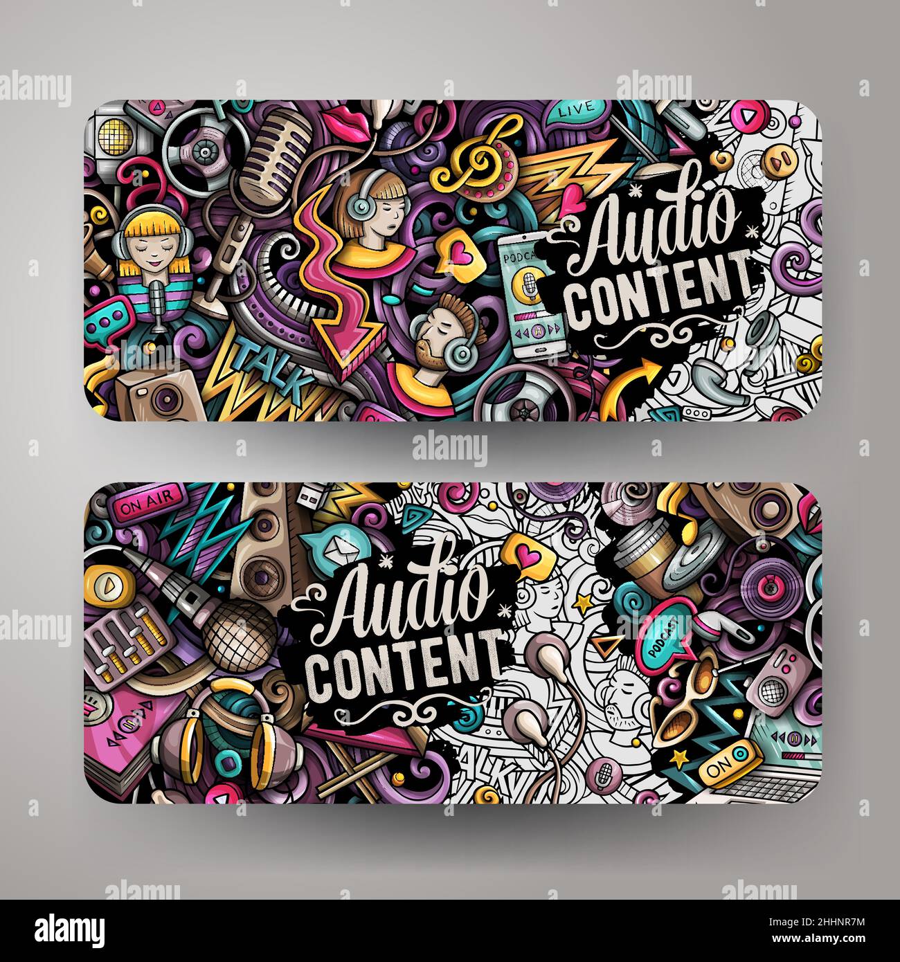 Cartoon vector doodle set of Audio Content banners templates. Corporate ...