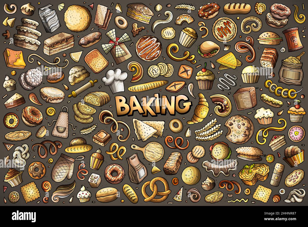 Colorful vector hand drawn doodle cartoon set of bakery theme items ...