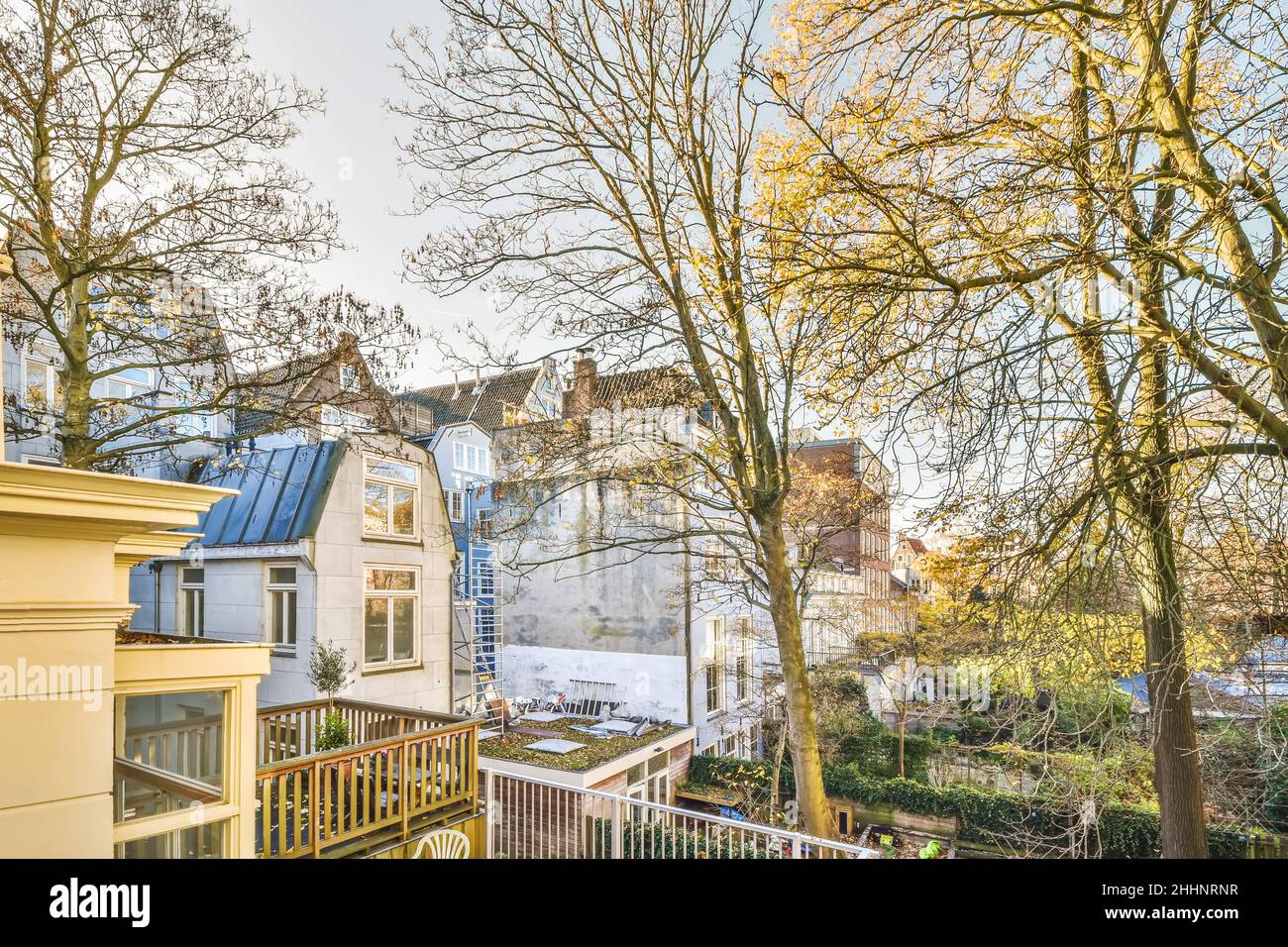 Fantastic street view with residential buildings and trees Stock Photo ...
