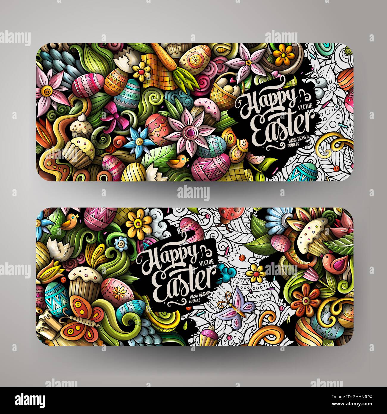 Cartoon cute colorful vector doodles Happy Easter corporate identity. 2 ...