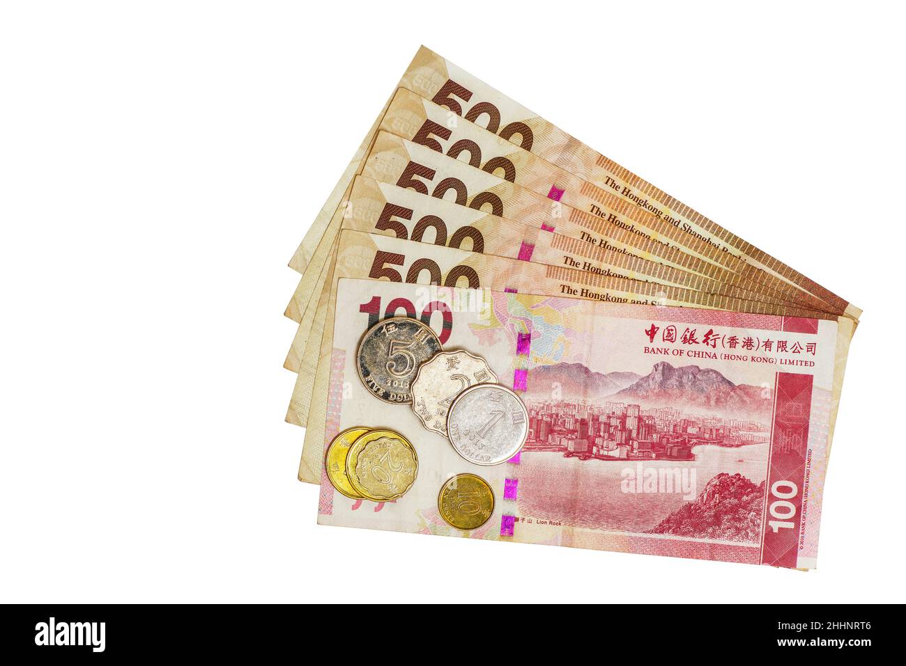 Different Hong Kong money bank notes and coins isolated on white ...
