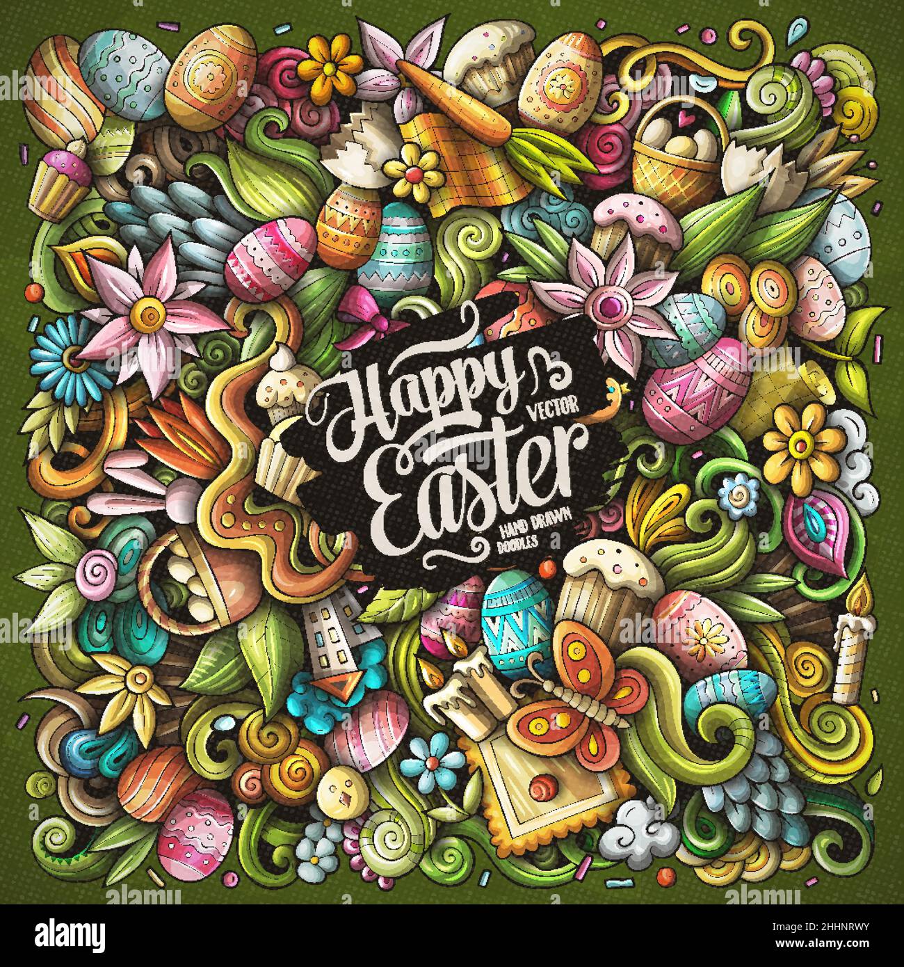 Happy Easter vector doodles illustration. Holiday elements and objects ...