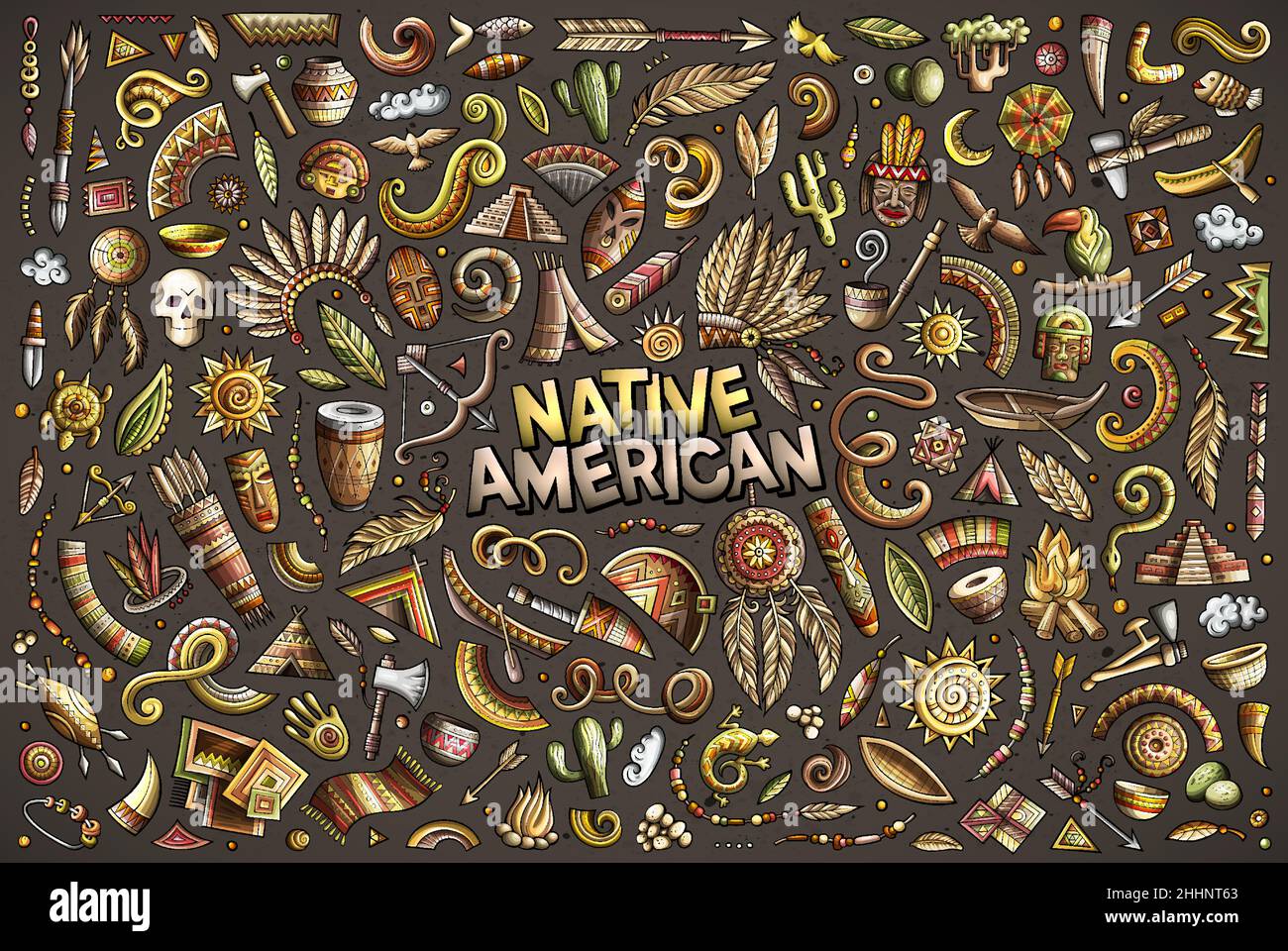 Colorful vector hand drawn doodle cartoon set of Native American theme ...