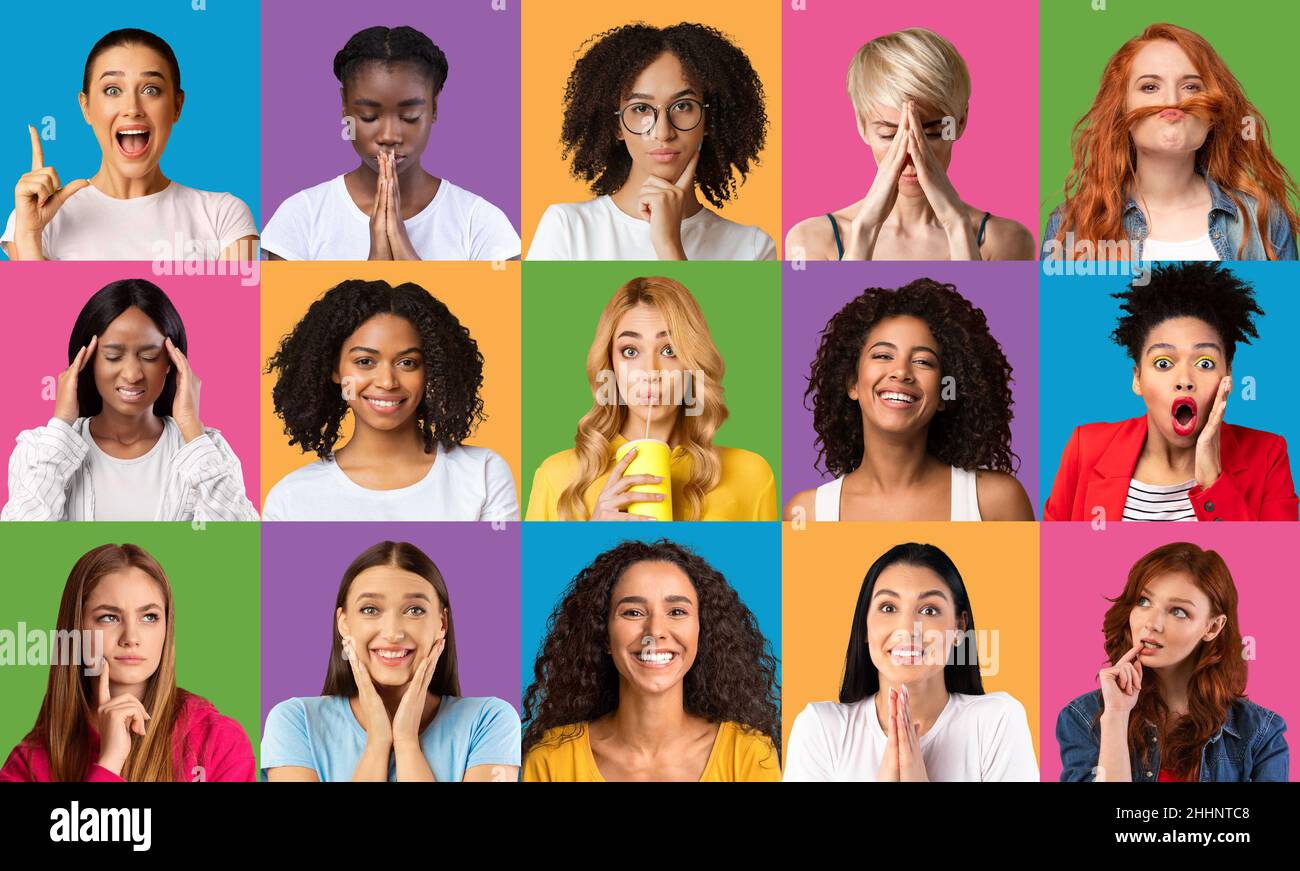 Collage of diverse ladies expressing different emotions on colorful ...