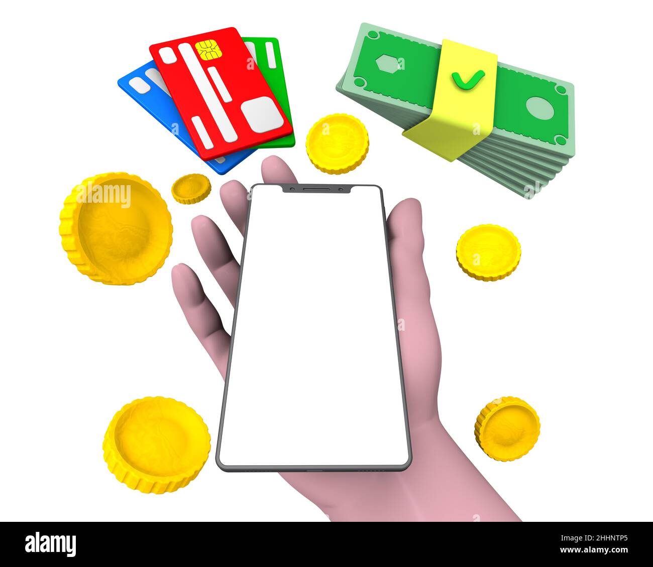Smartphone and money. The smartphone lies in the hand with lots of ...