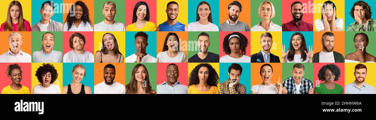 People faces and emotions. Set of multiracial men and women portraits ...