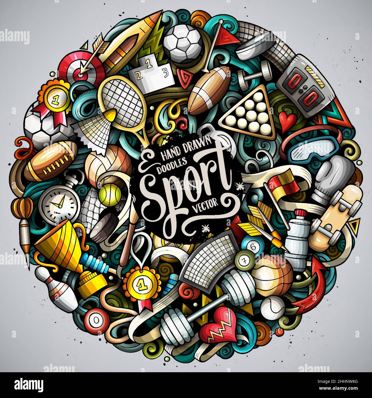 Sports hand drawn vector doodles illustration. Activities round design ...
