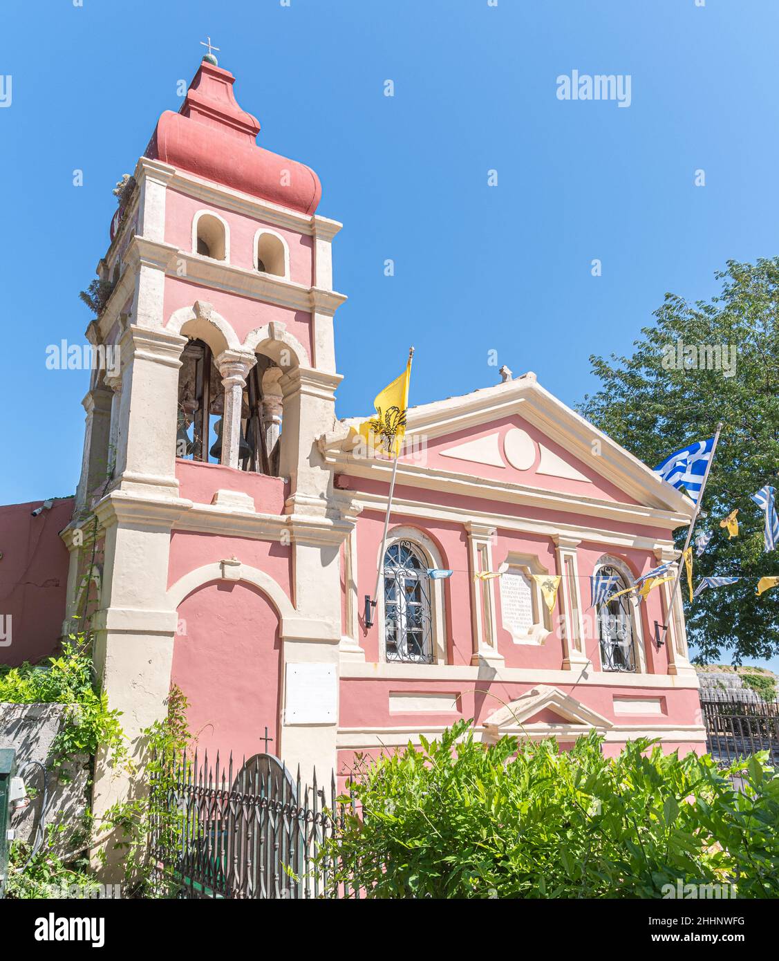The old orthodox Church of the Virgin Mary Mandrakina in Kerkira or Corfu Town in the Island of ...