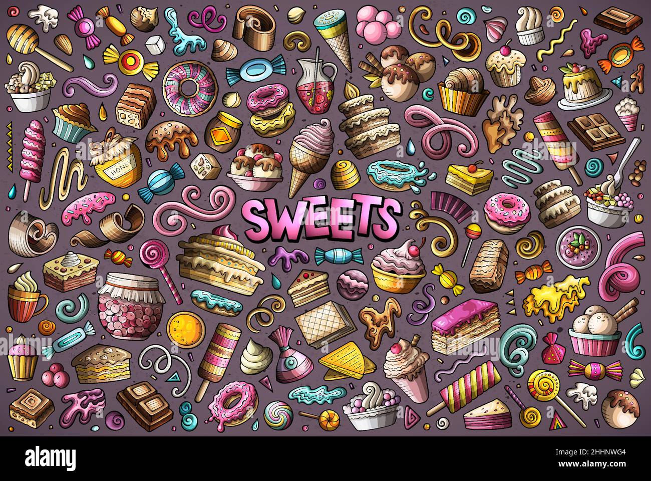 Colorful vector hand drawn doodle cartoon set of Sweets theme items ...