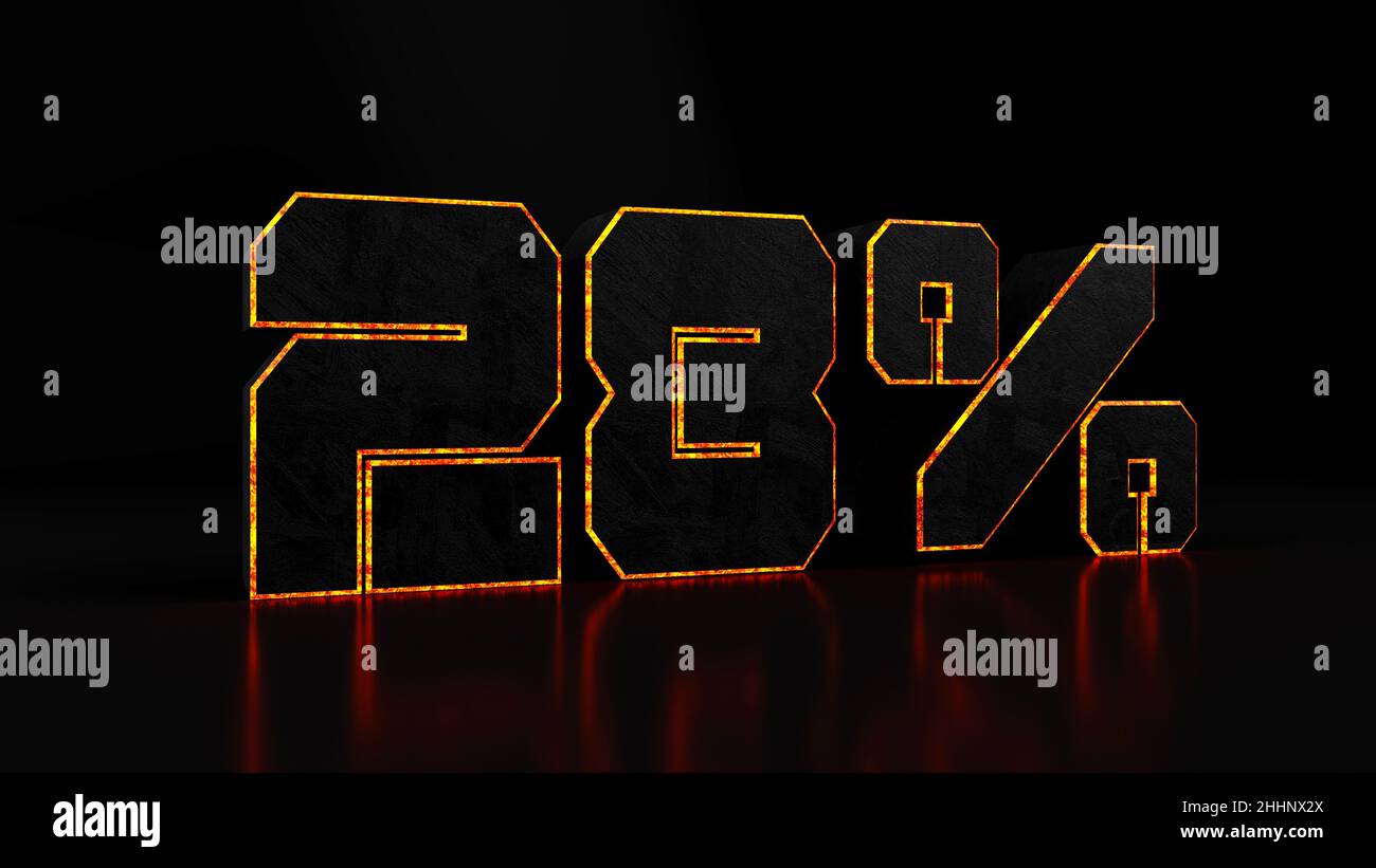 Digital render of an illuminated outline of 28 percent on a black ...