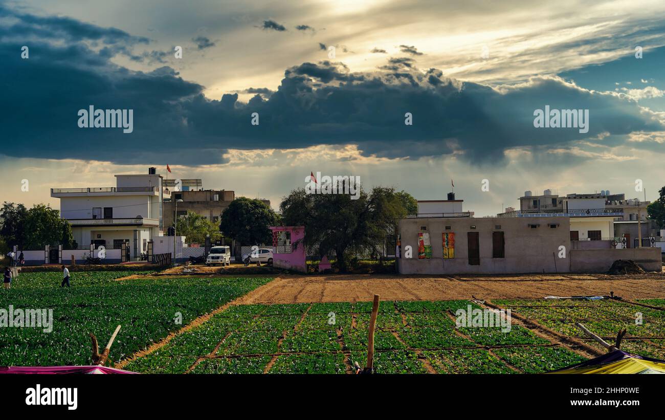30 December 2021 Reengus, Rajasthan, India. Black cloudy sky and ...