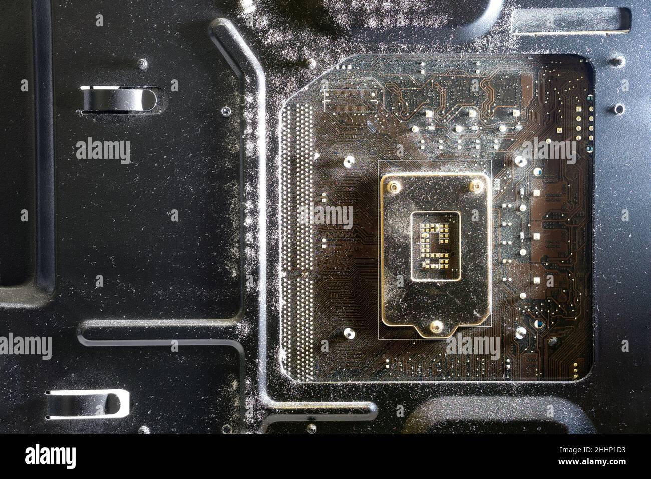 Layer of dust on the computer case. Cleaning a dirty desktop computer ...