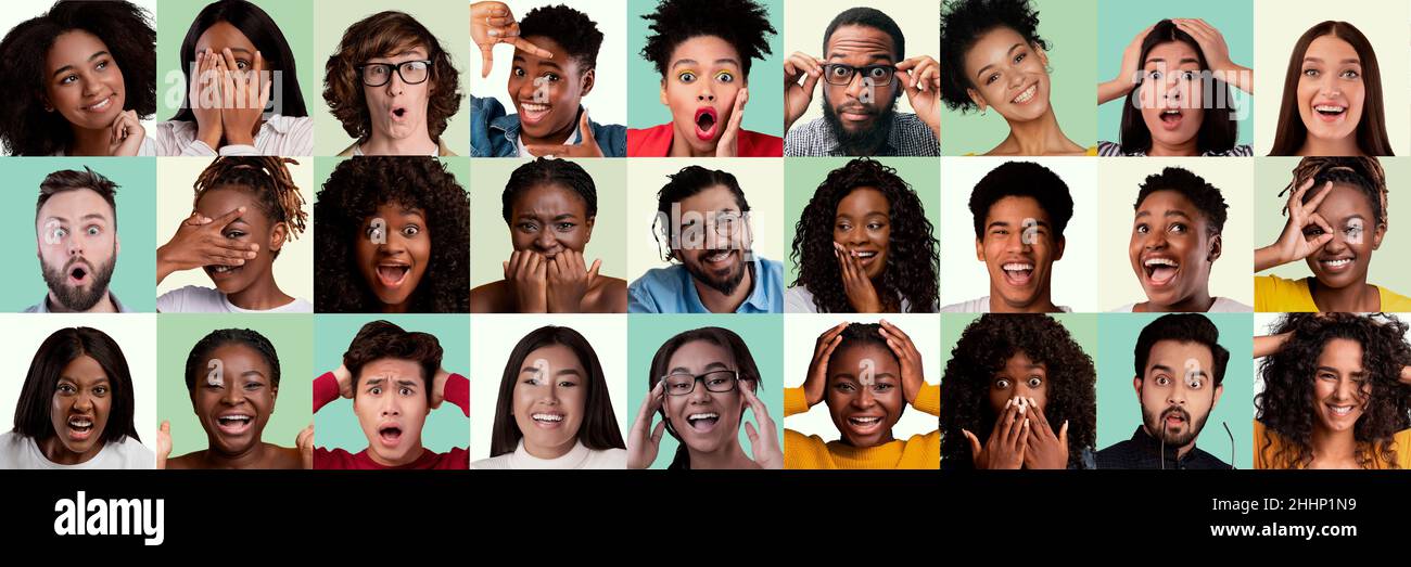 Multiracial millennial people showing different emotions, set of photos ...