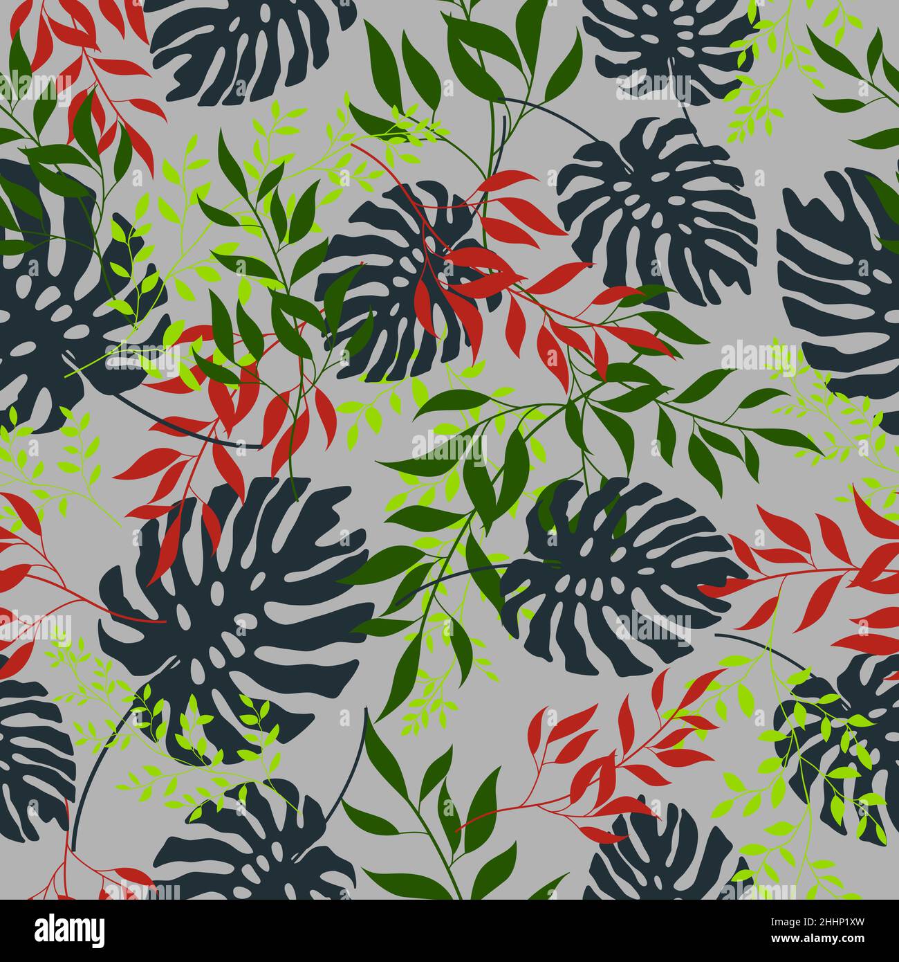 Tropical leaves, gray background. Vector seamless pattern Stock Vector ...