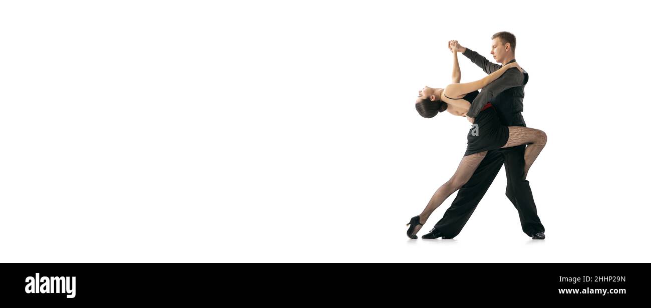 Horizontal flyer with flexible young dancers dancing Argentine tango ...