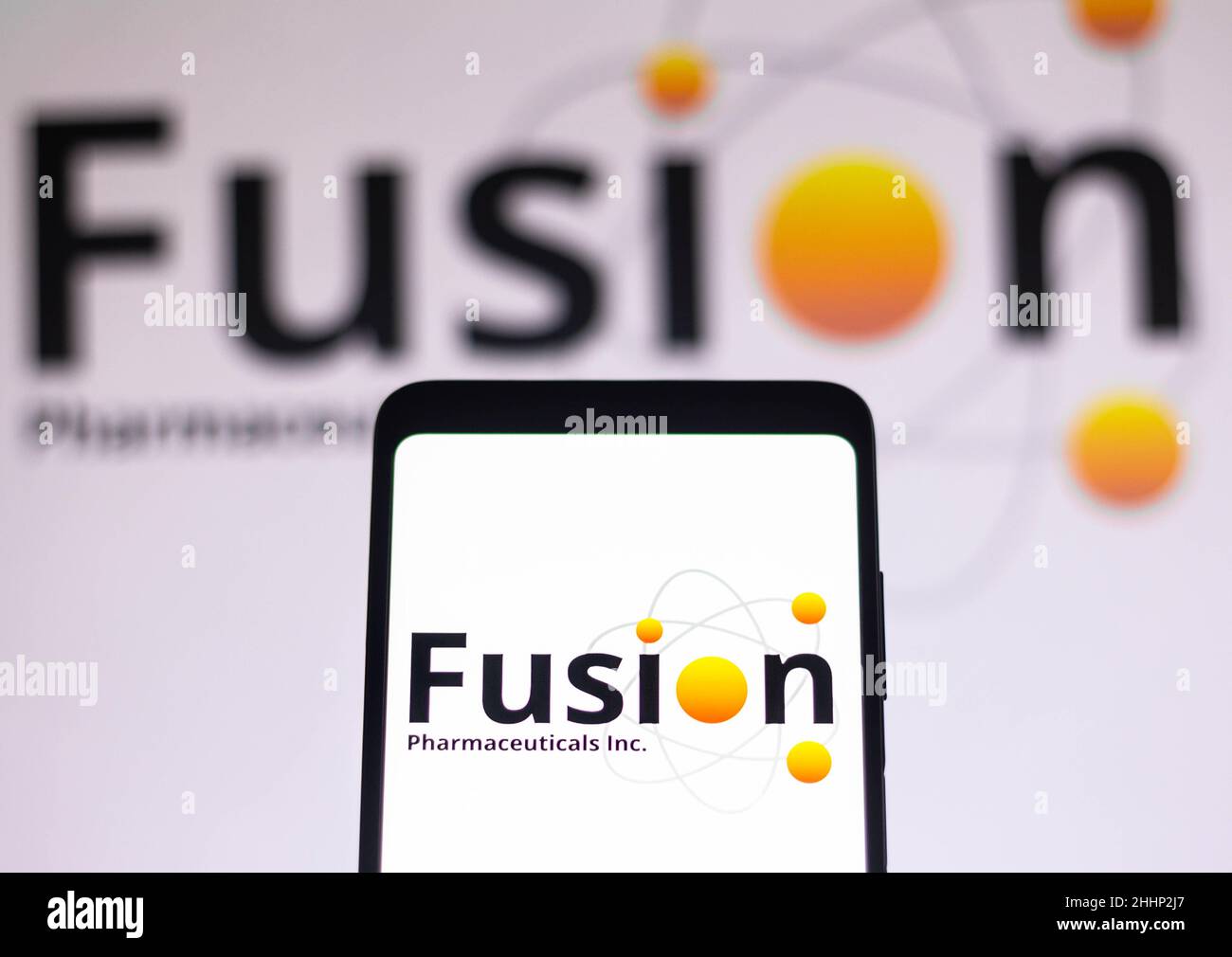 In this photo illustration, a Fusion Pharmaceuticals logo seen ...