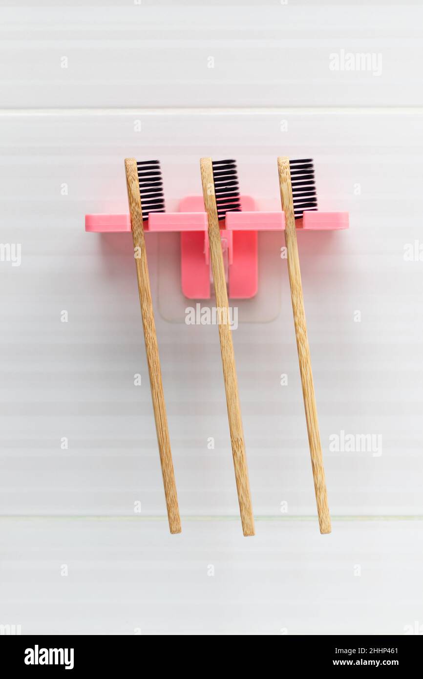 Three natural bamboo toothbrushes with black bristles in a holder ...
