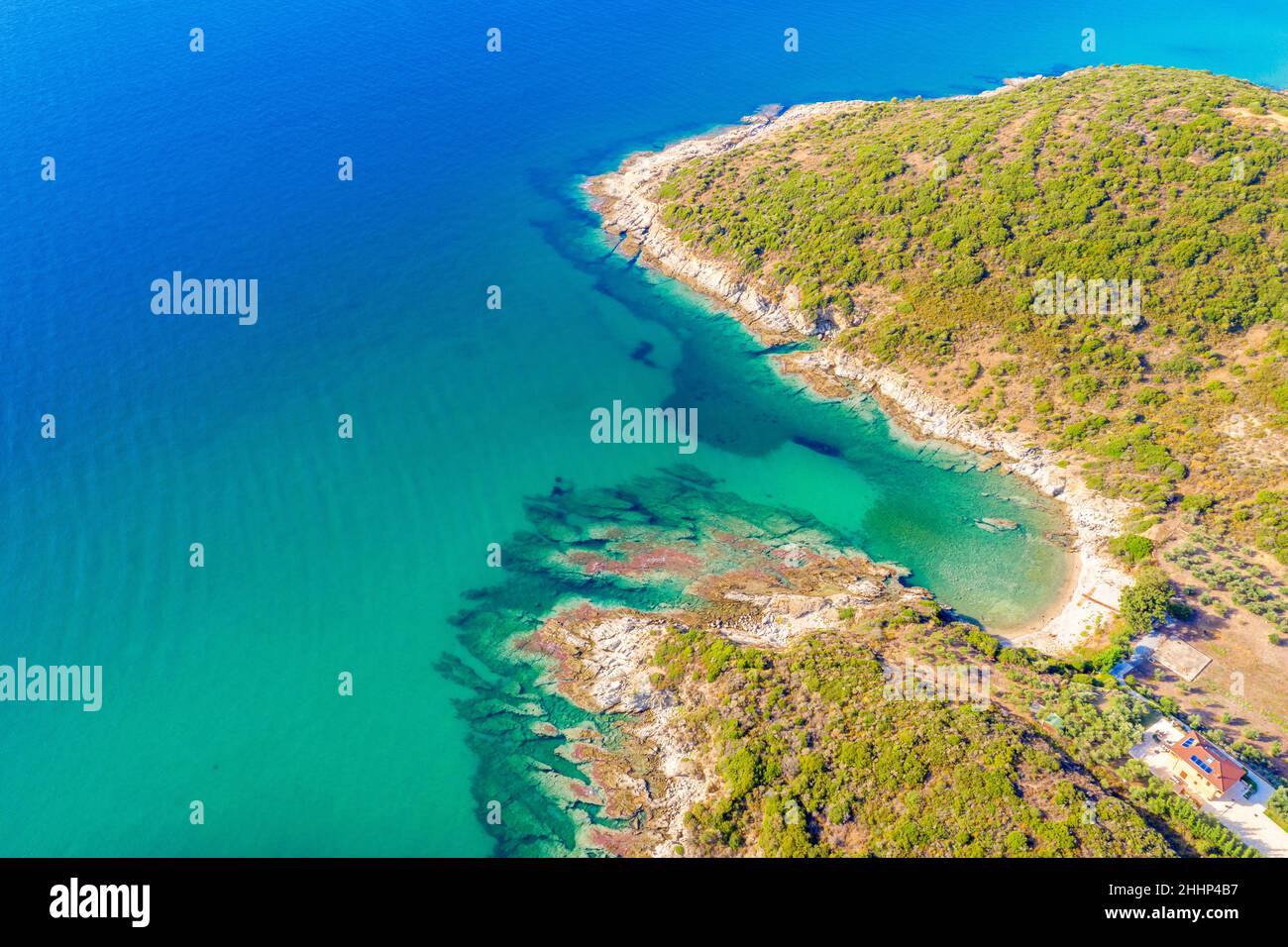 Aerial panorama of summer seascape of Mediterranean sea. Green hills of ...