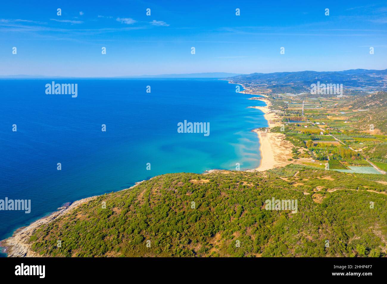 Aerial panorama of summer seascape of Mediterranean sea. Green hills of ...