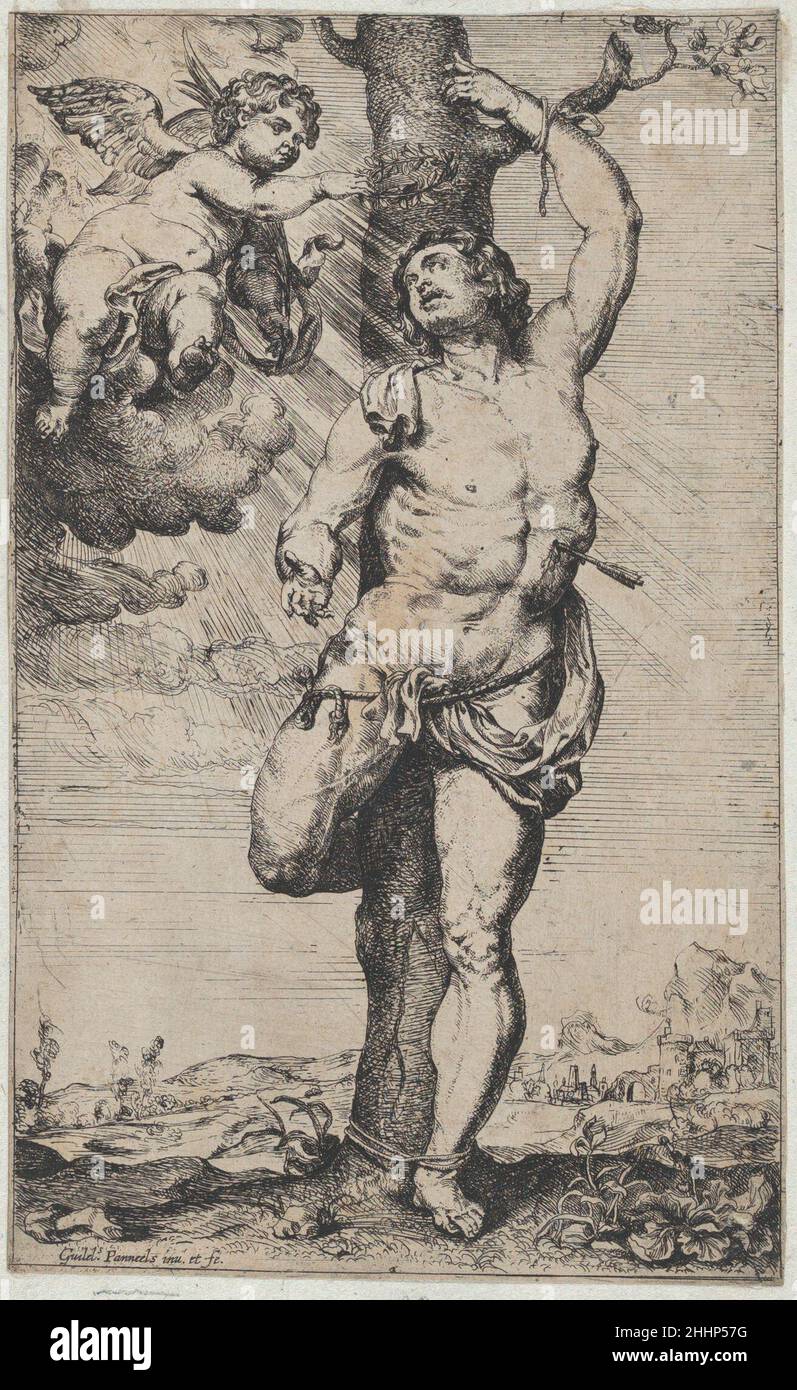 The Martyrdom of Saint Sebastian, with angels crowning him at upper ...