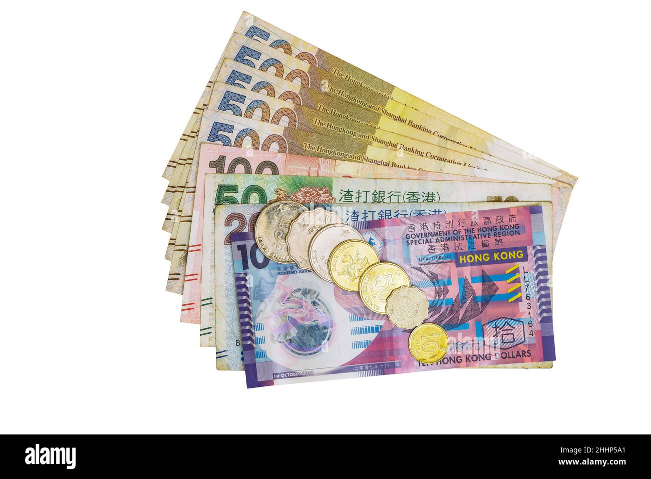 Different Hong Kong money bank notes and coins isolated on white ...