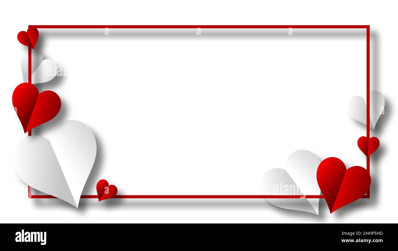 Valentines of paper craft design, red and white hearts on red frame on ...