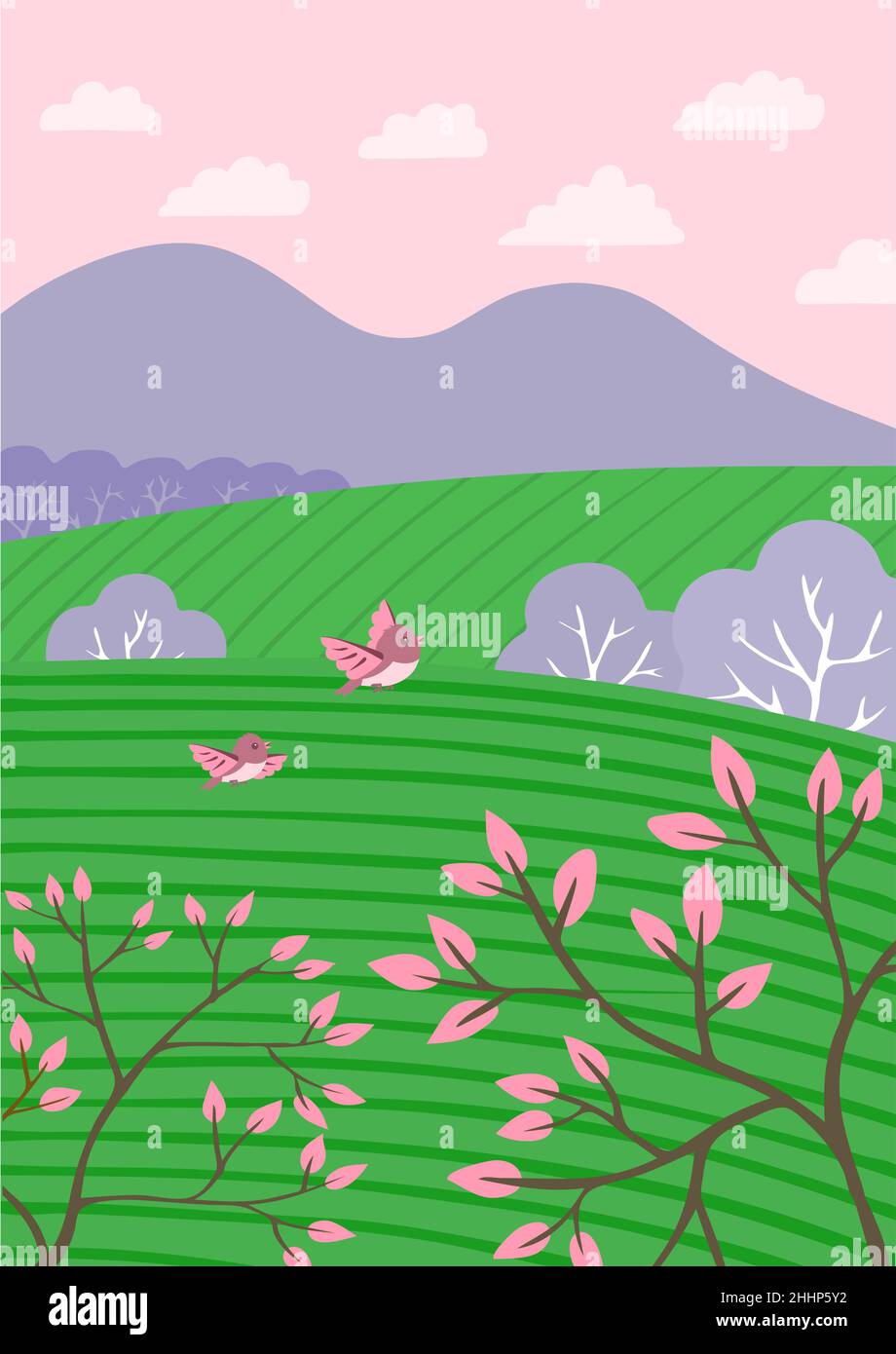 Cute spring landscape with fields and forests. Beautiful view. Leaves ...