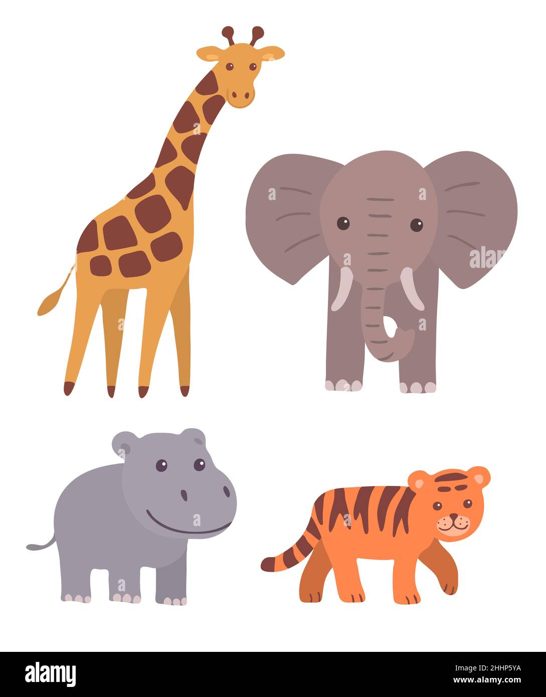 Set of wild animals on a white background. Elephant, giraffe, tiger and ...