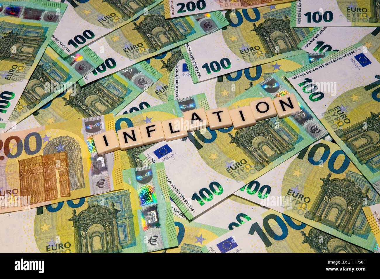 Symbol picture inflation: letters on euro bills show the word inflation ...