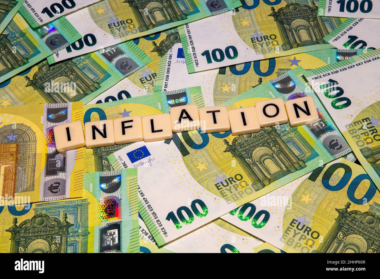 Symbol picture inflation: letters on euro bills show the word inflation ...