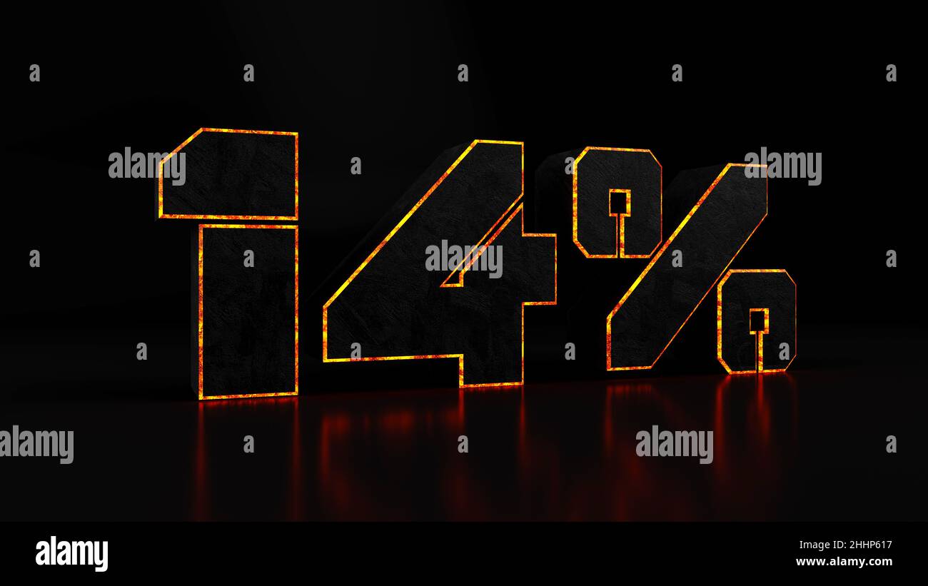 Digital render of an illuminated outline of 14 percent on a black ...
