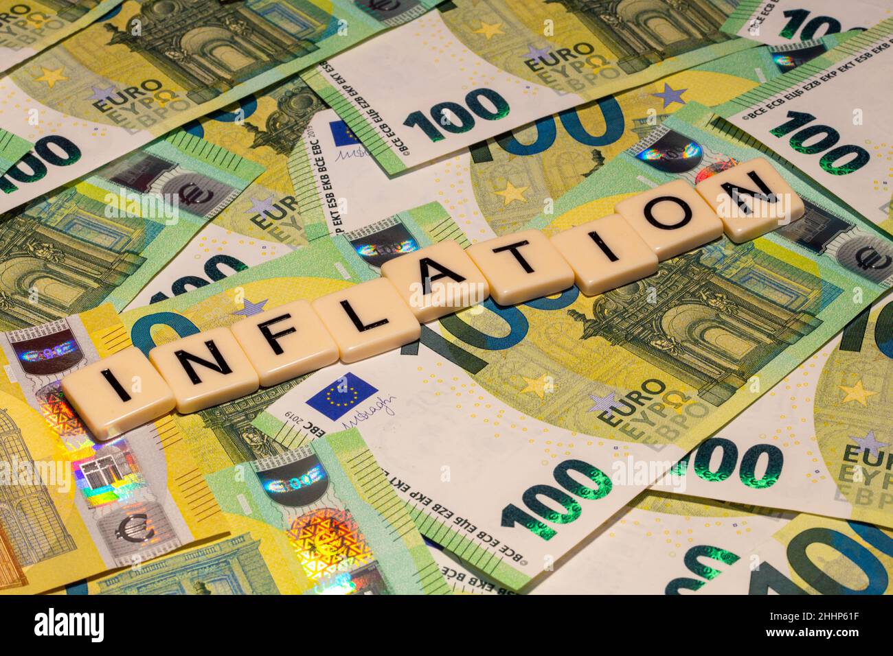 Symbol picture inflation: letters on euro bills show the word inflation ...