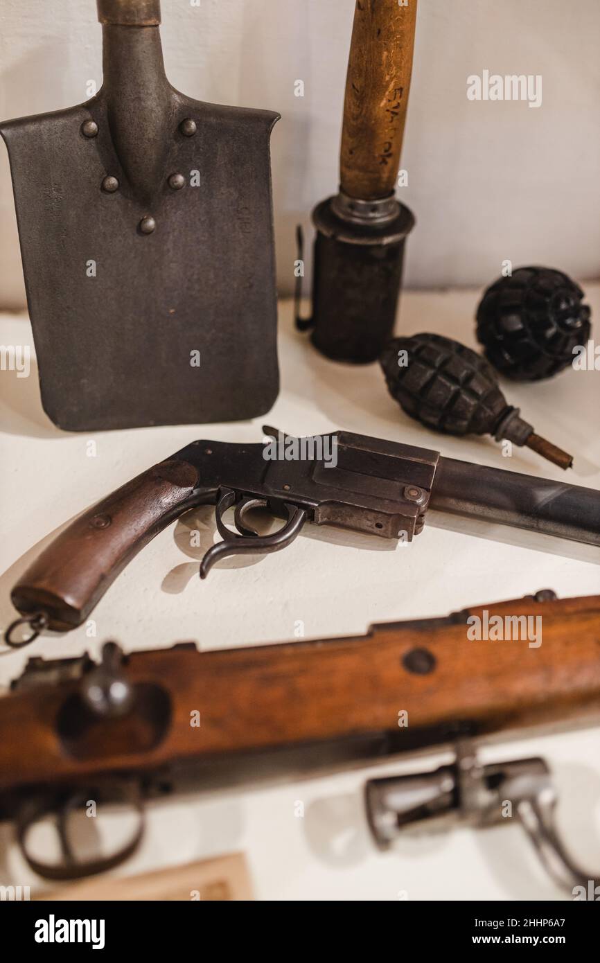 Vertical shot of weapons and tools during WWII era Stock Photo - Alamy