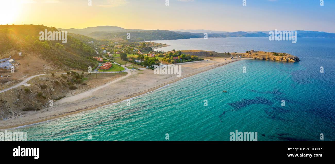 Aerial panorama of a small Greek village on the coast of the ...