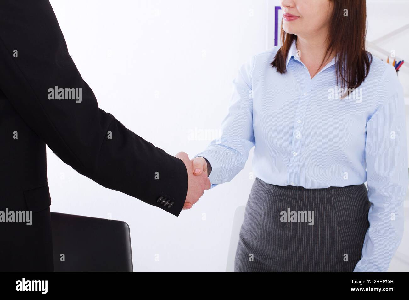 Stylish Successful businessman and businesswoman handshake in suits at ...