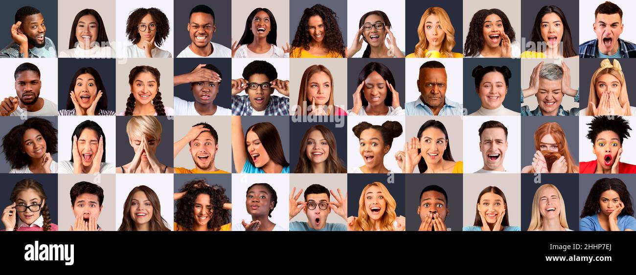 Collection of closeup portraits, feelings and emotions concept Stock ...