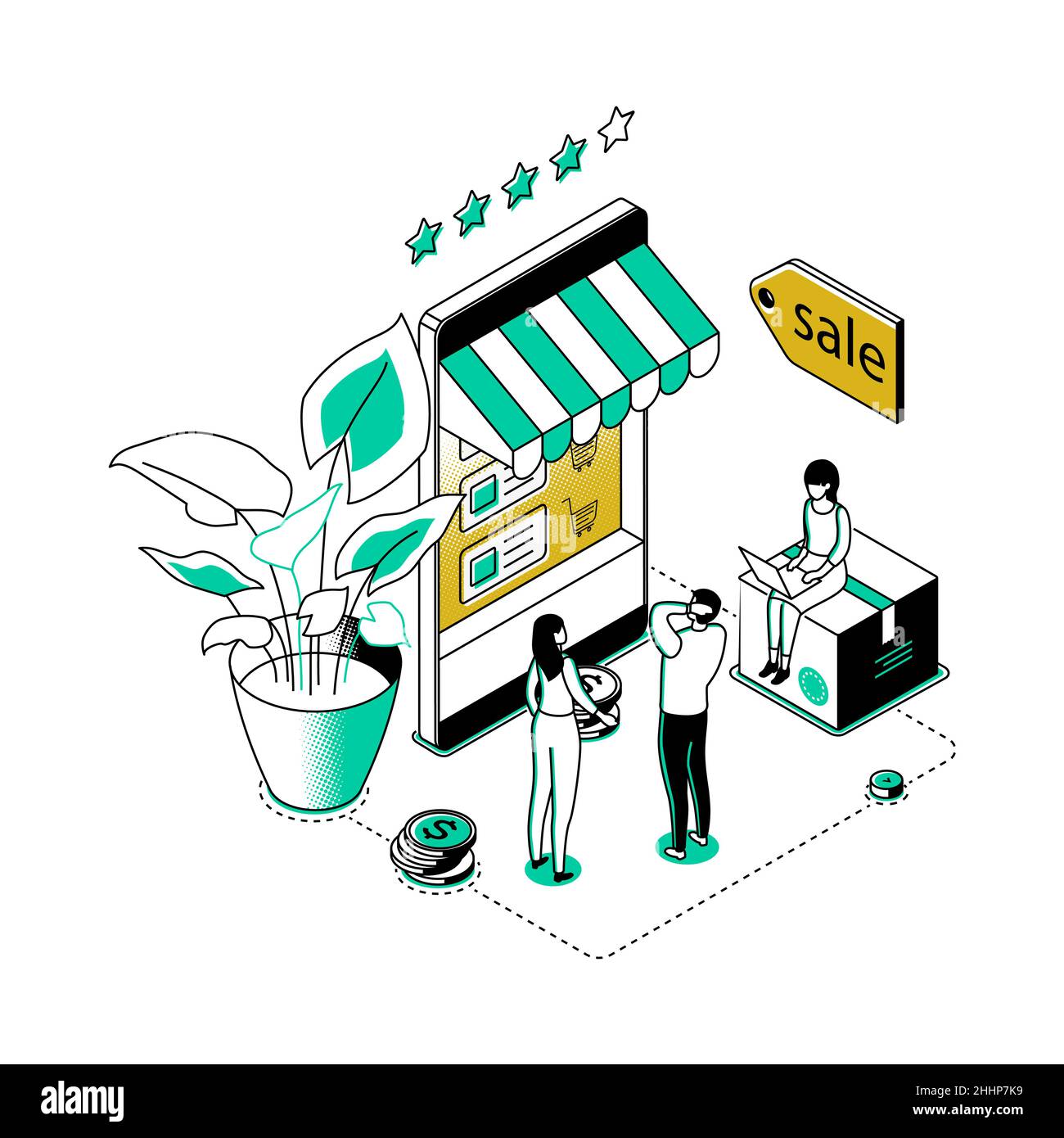 E-commerce - modern line isometry design style illustration in green ...
