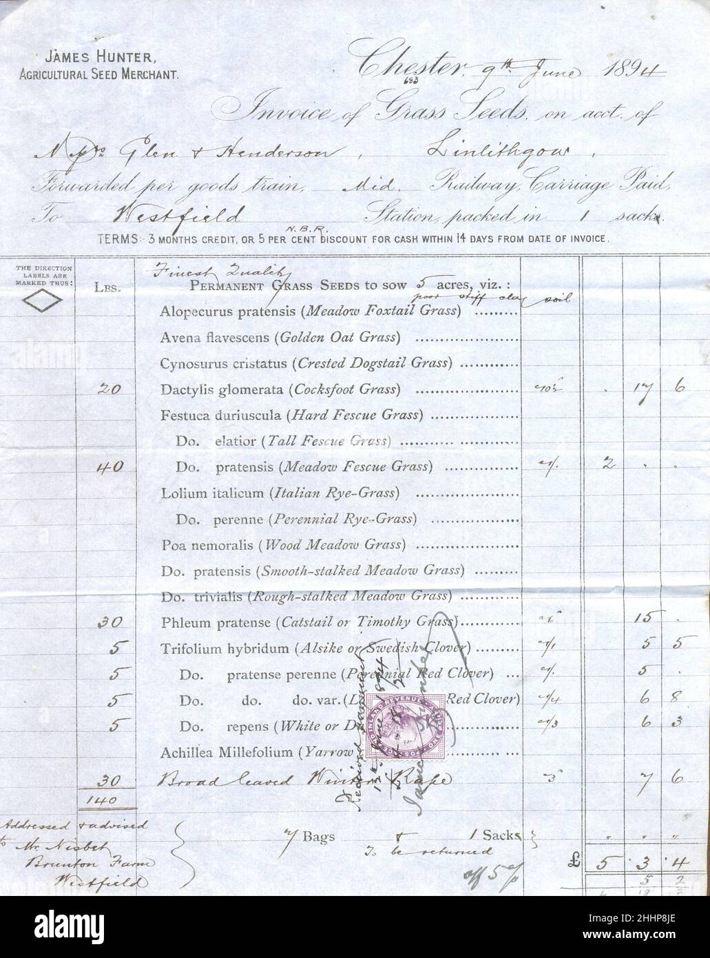 Detailed invoice from James Hunter, Agricultural Seed Merchant, Chester ...