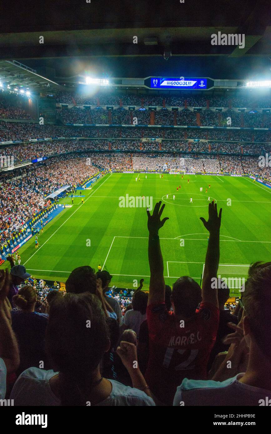 Spectators celebrating a goal. Santiago Bernabeu stadium, Madrid, Spain ...