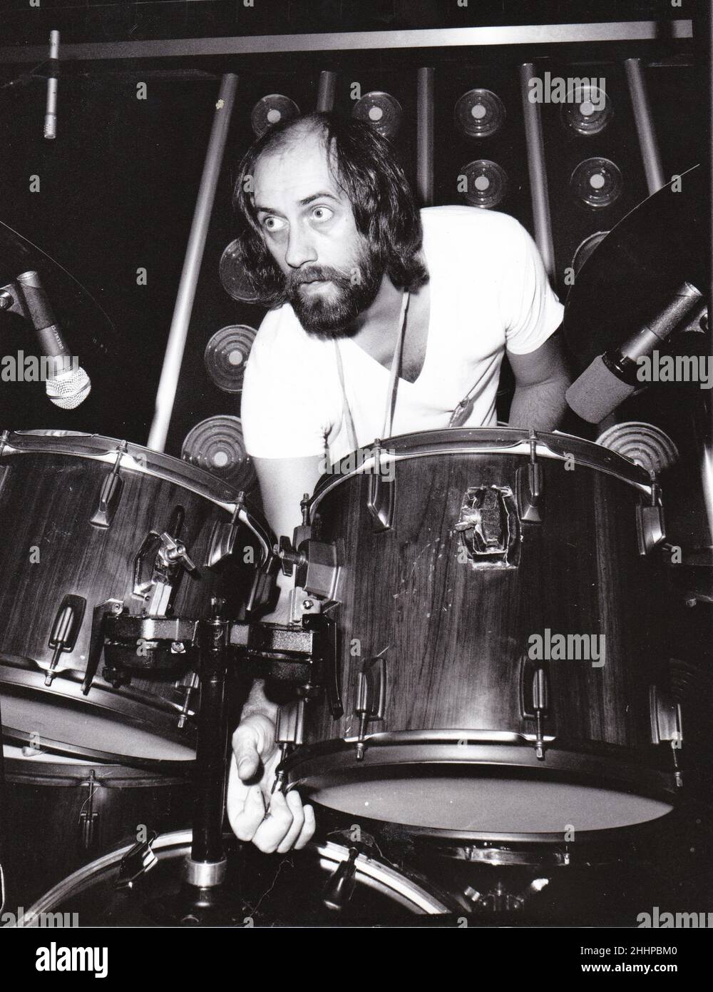 Mick Fleetwood of Fleetwood Mac performs on drums circa 1983 Credit ...