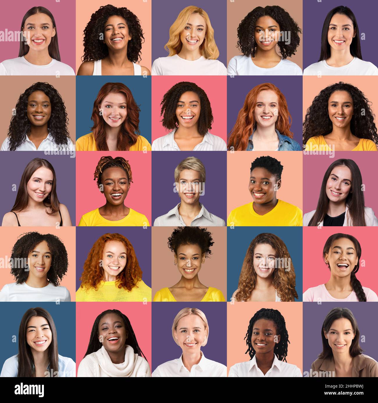 Female positive portraits. Set of happy diverse ladies smiling over ...