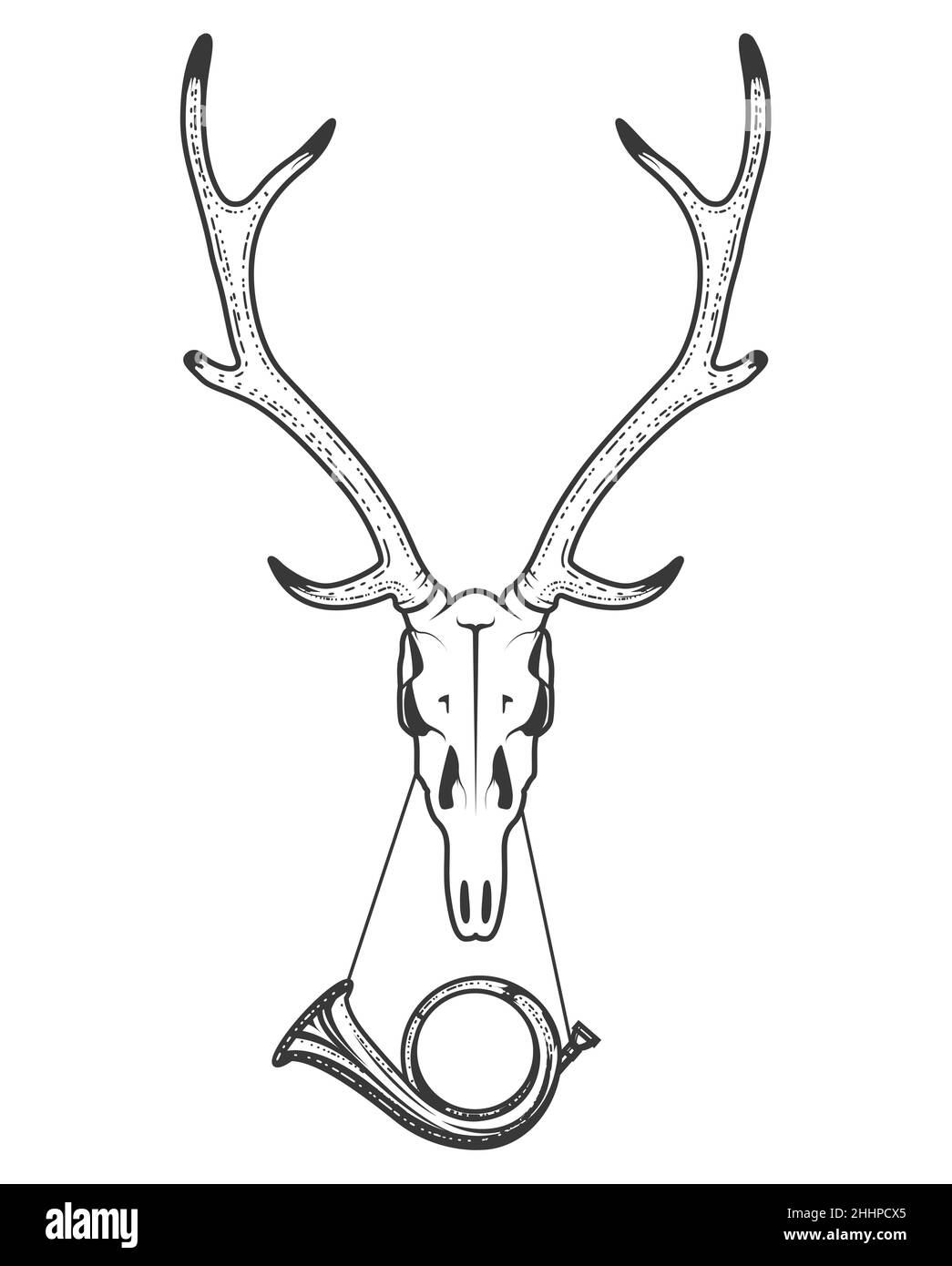 Hunting emblem, deer skull with antler and bugle on wall, hunter trophy ...