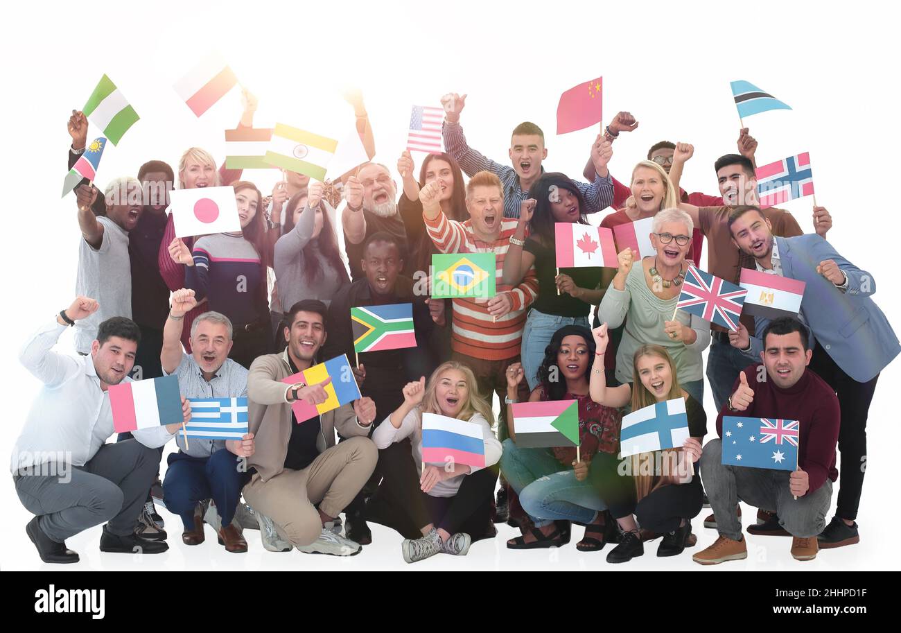 multinational group of people with their national flags Stock Photo - Alamy