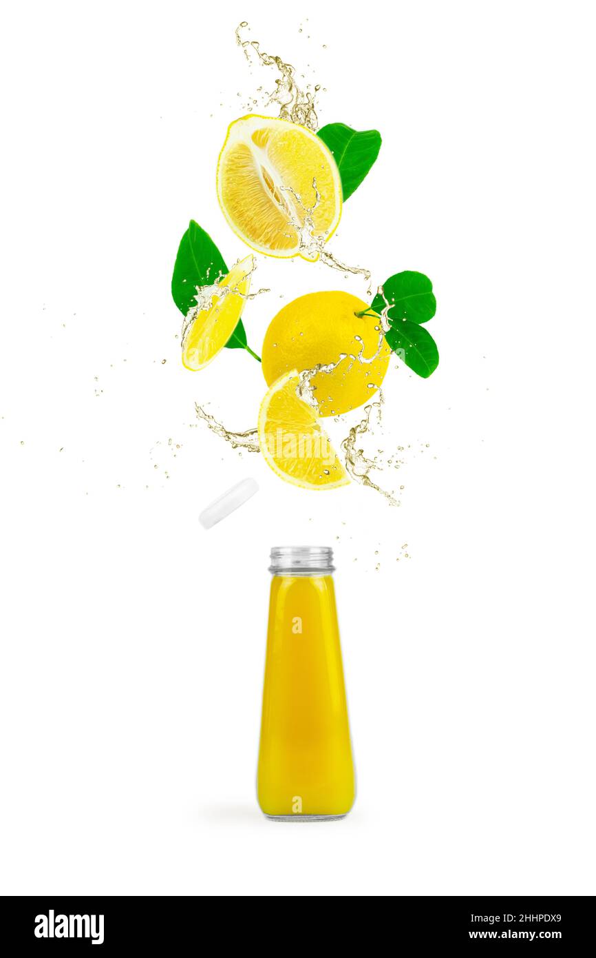 Top view of lemon smoothie in a glass bottle on the white background ...