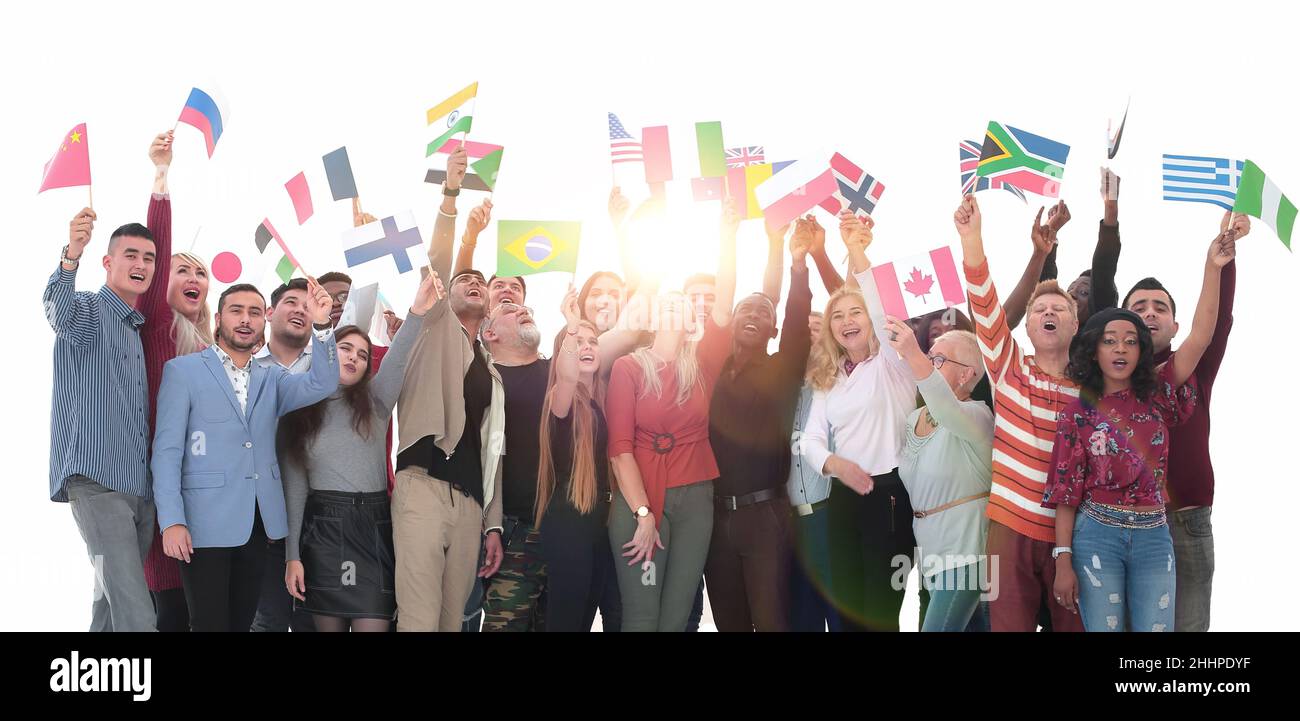 People with flags looking up - isolated over white background Stock ...