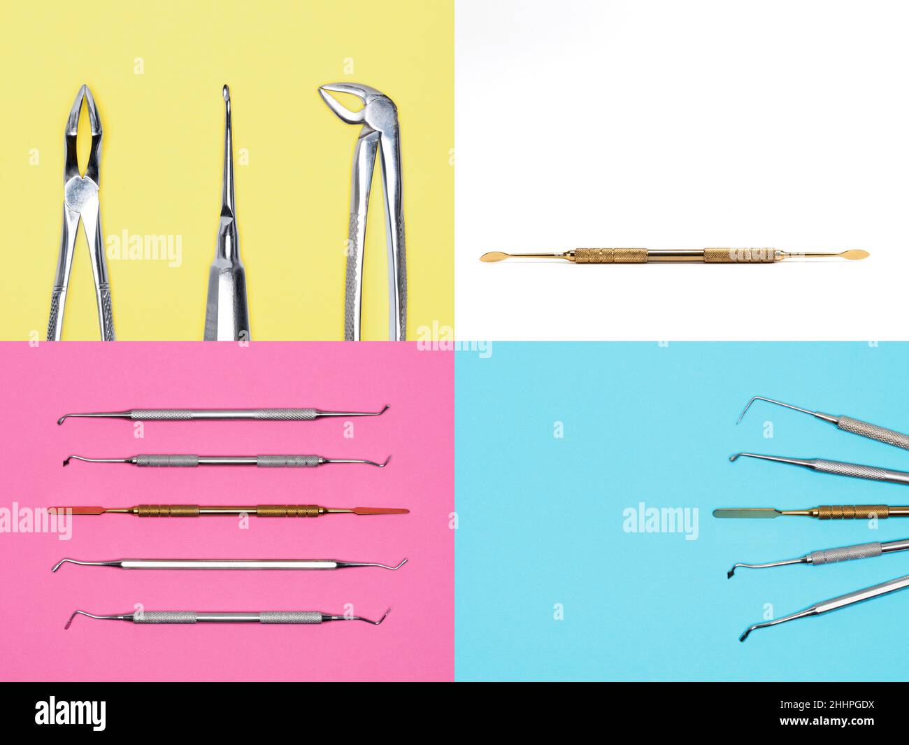 Set of dental professional tools on blue, pink, yellow, white ...