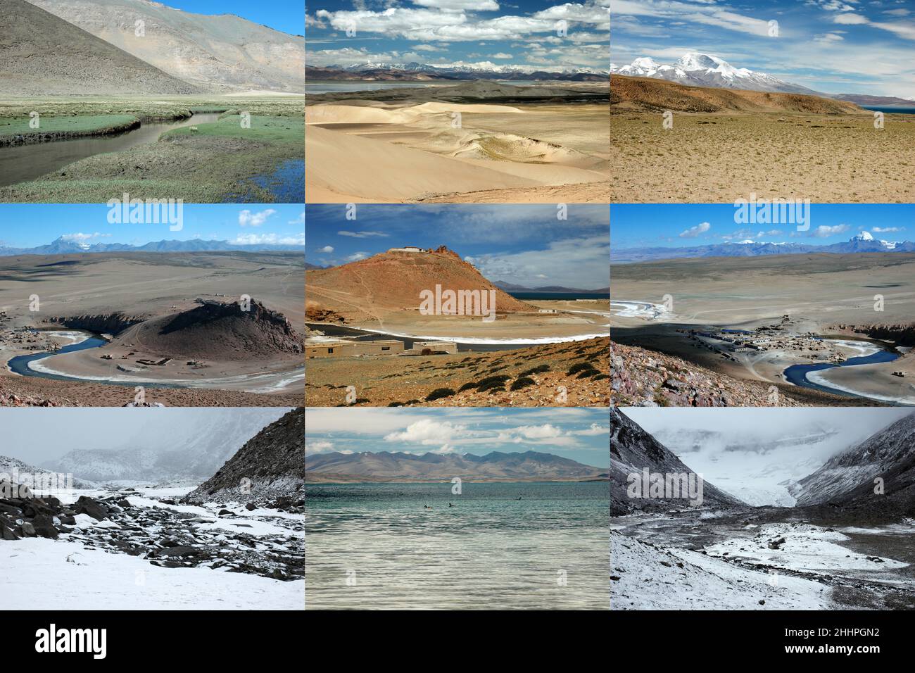 Set of nine Tibetan landscape with hills, mountains, rivers and lakes ...
