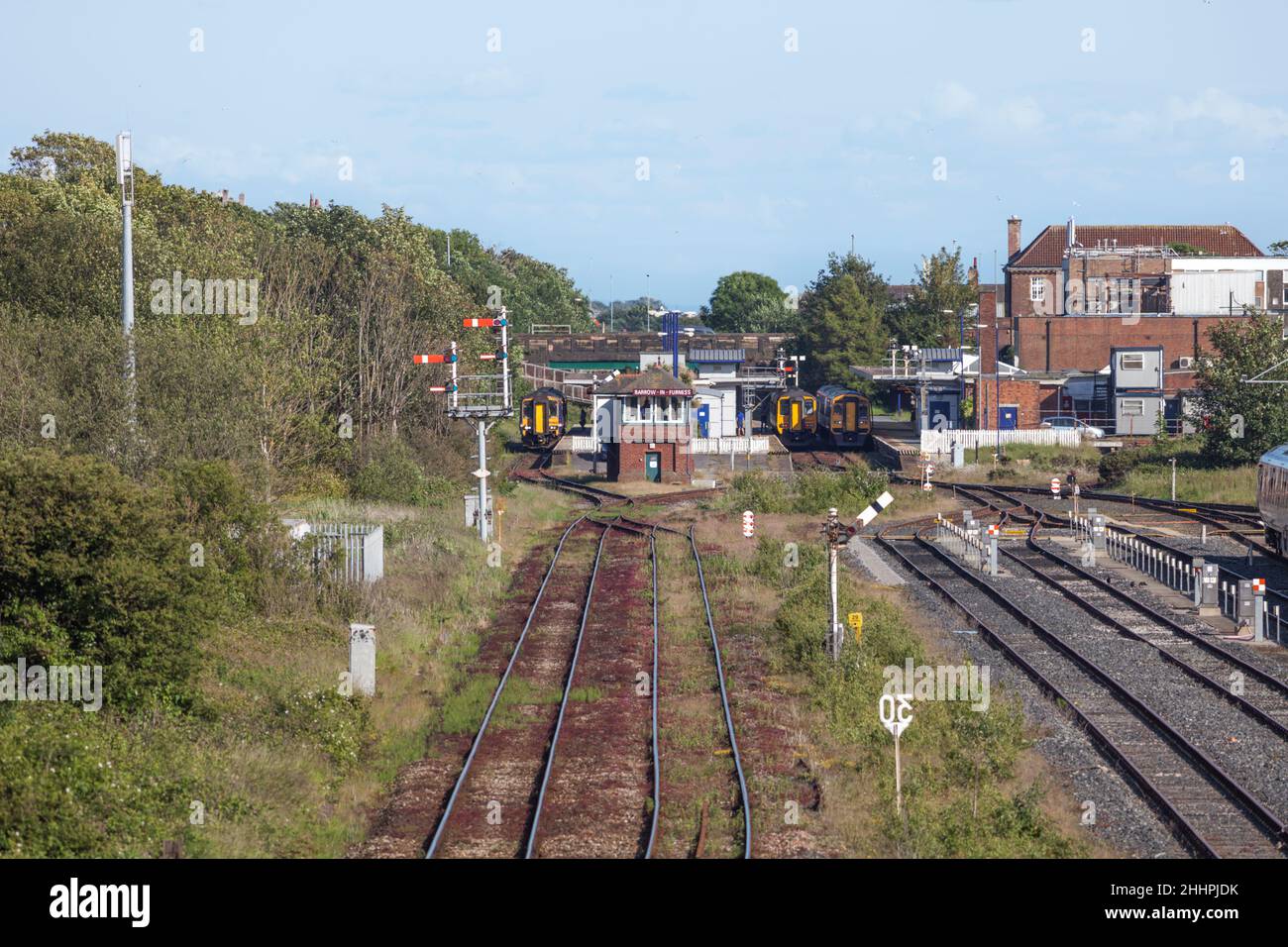 Barrow In Furness railway station with mechanical signals, mechanical ...