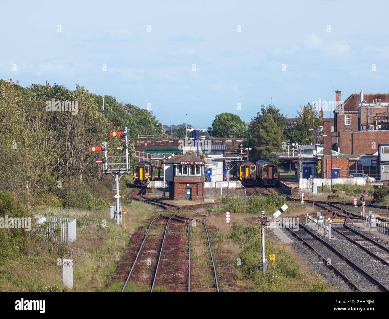 Barrow In Furness railway station with mechanical signals, mechanical ...