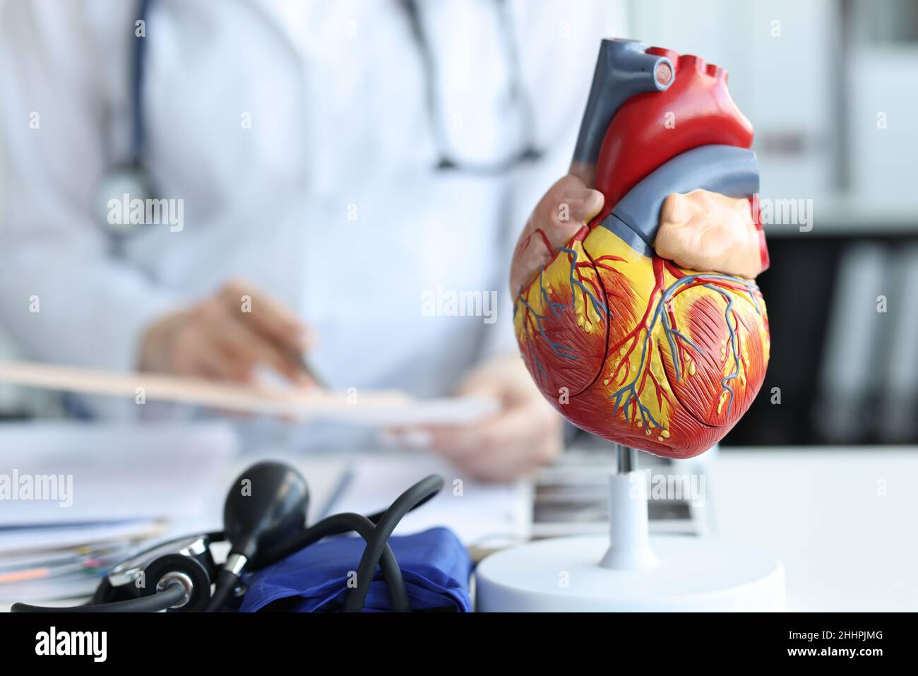 Artificial plastic model of human heart standing against background of ...